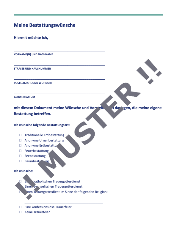 Bestattungsverfügung und Anschreiben im Todesfall - Mustervorlage